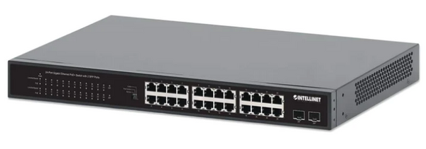 Intellinet 24-Port Gigabit Ethernet PoE+ Switch with 2 SFP Ports, IPS- – Telecom Creations